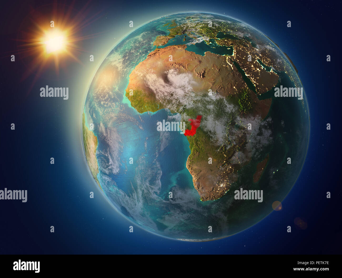 Sunset above Congo highlighted in red on planet Earth with atmosphere ...
