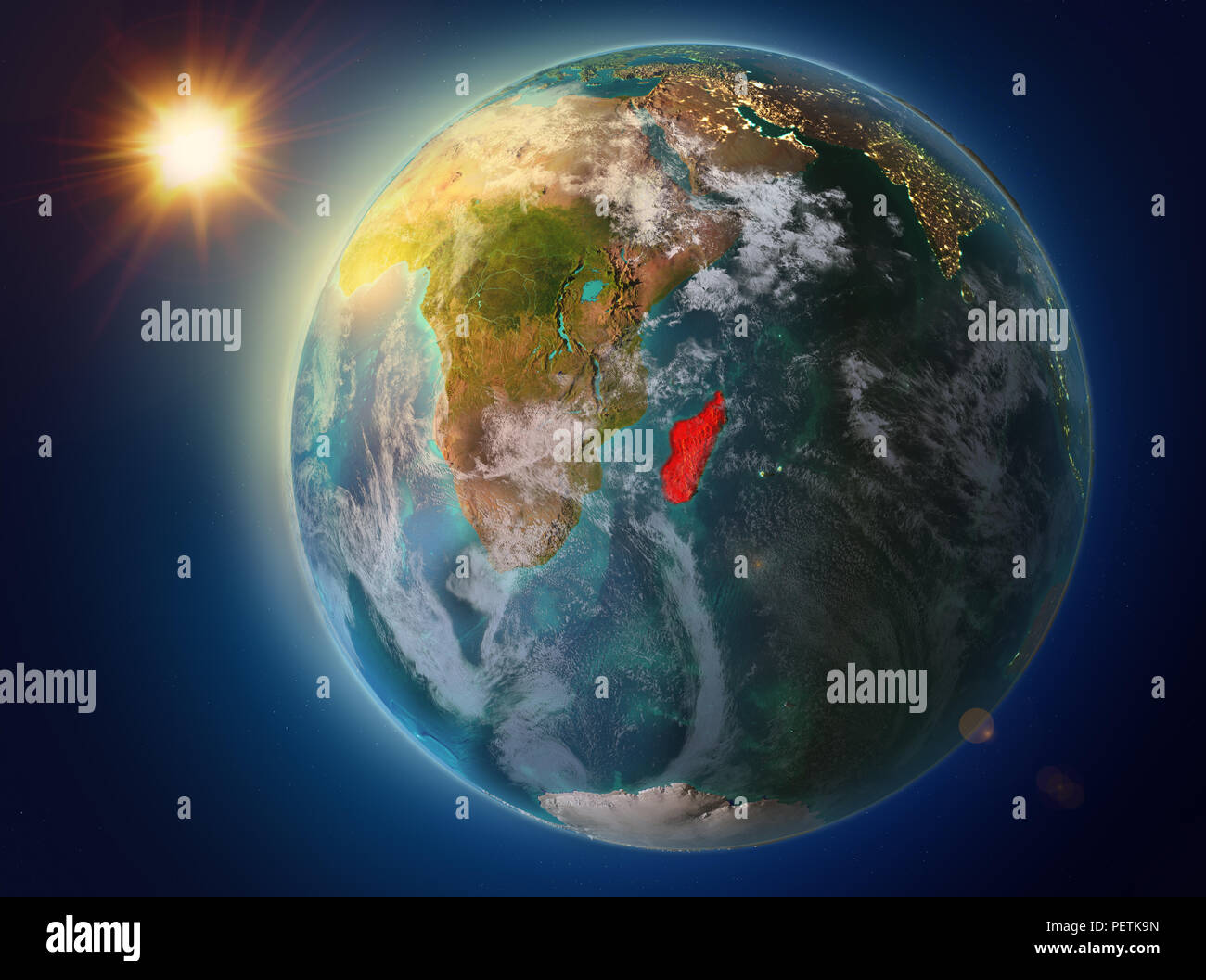 Sunset above Madagascar highlighted in red on planet Earth with ...