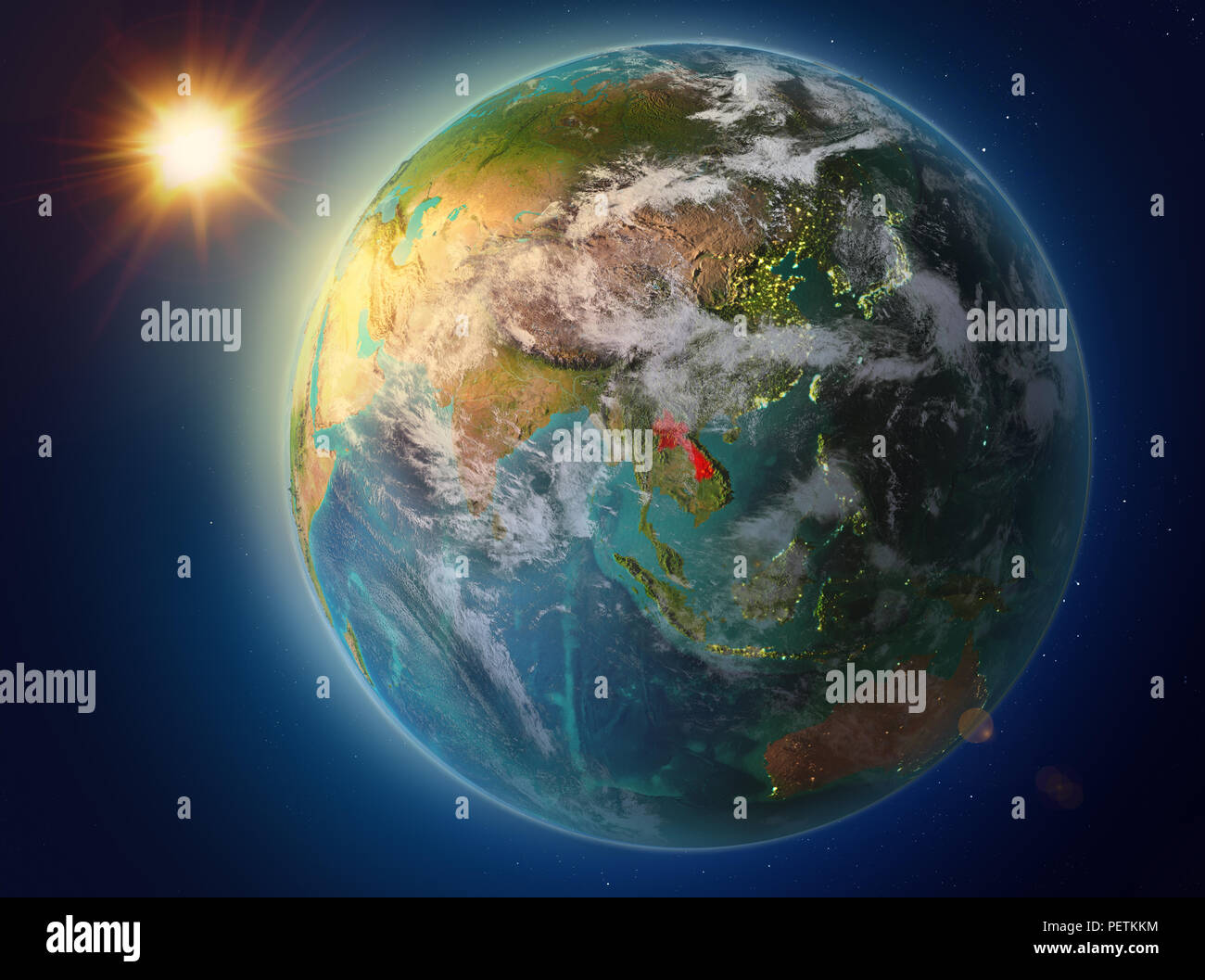 Sunset above Laos highlighted in red on planet Earth with atmosphere ...