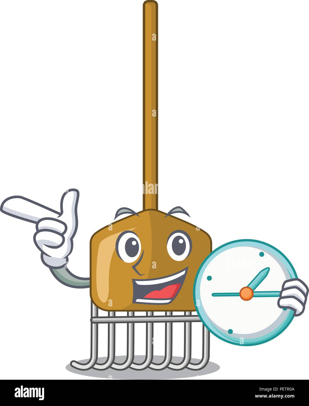 With clock cartoon rake leaves with wooden stick Stock Vector Image ...