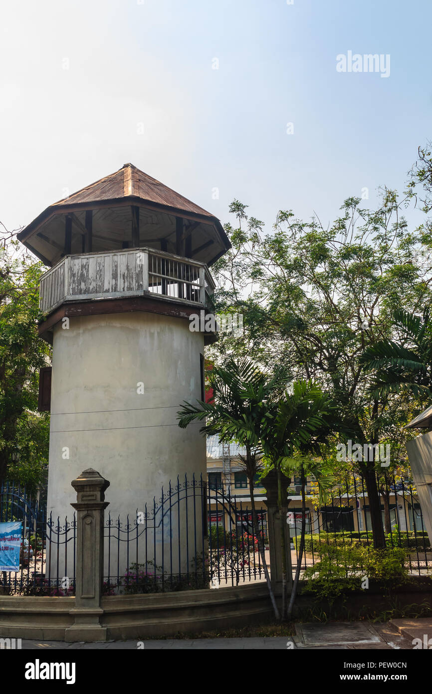 Old prison guard tower that constructed with brick, wood and red roof ...