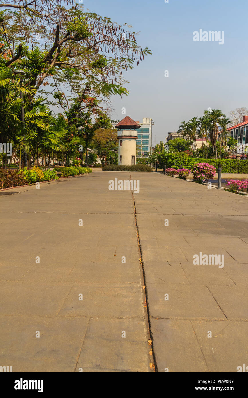 Old prison guard tower that constructed with brick, wood and red roof ...