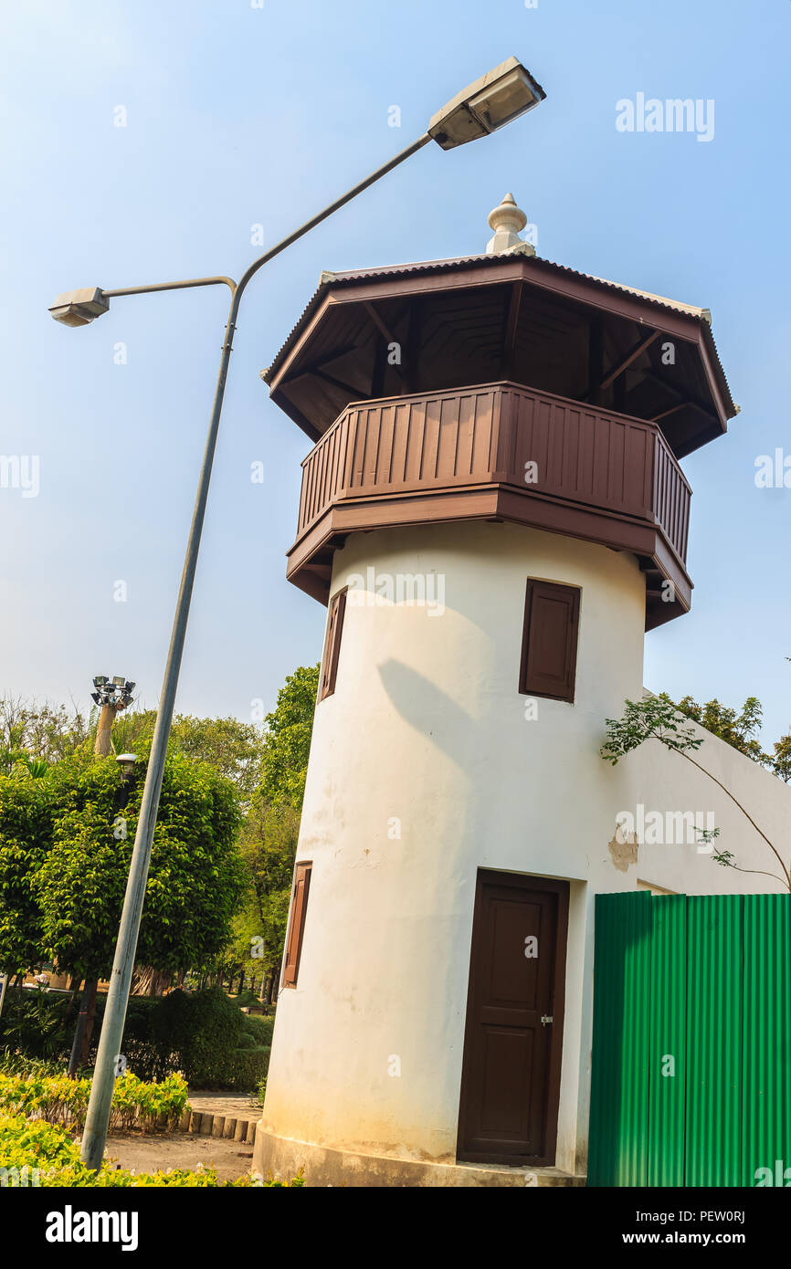 Old prison guard tower that constructed with brick, wood and red roof ...