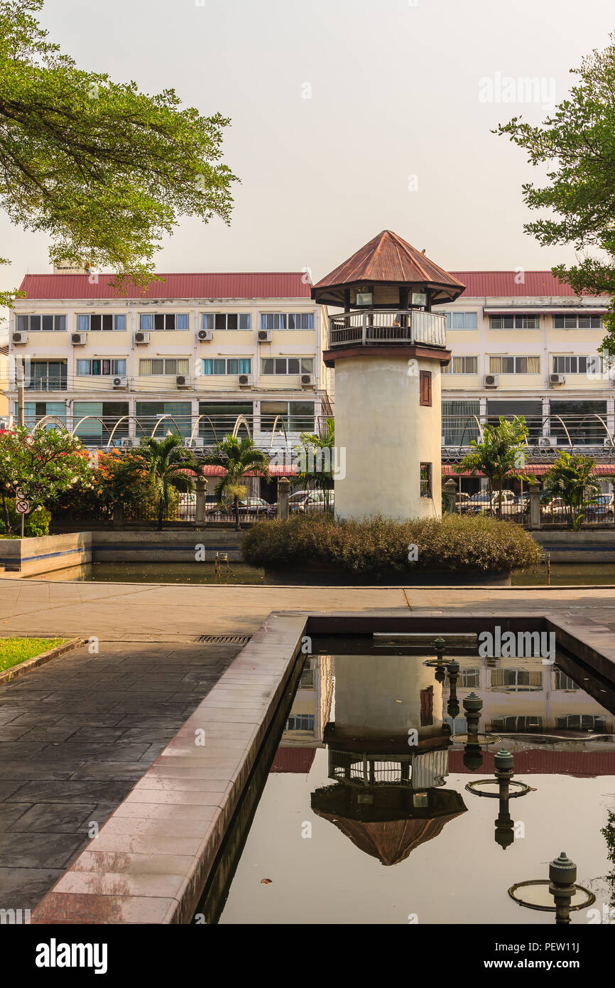 Old prison guard tower that constructed with brick, wood and red roof ...