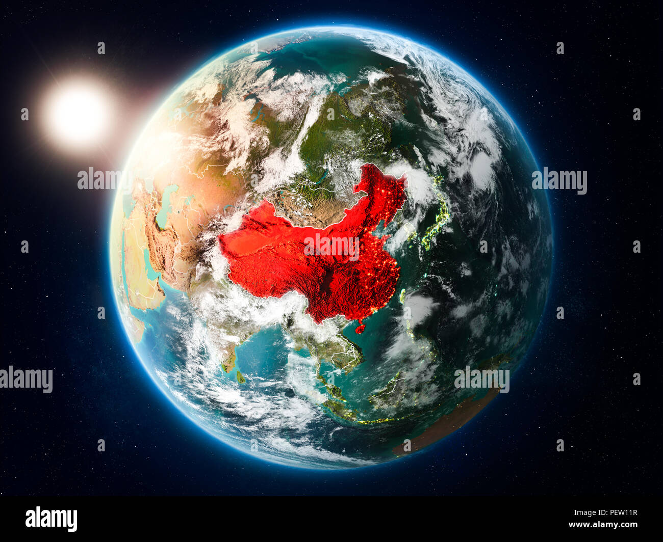 Sunset above China highlighted in red on planet Earth with clouds and ...
