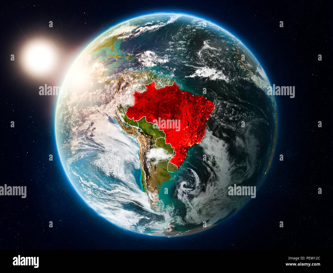 Sunset above Brazil highlighted in red on planet Earth with clouds and ...