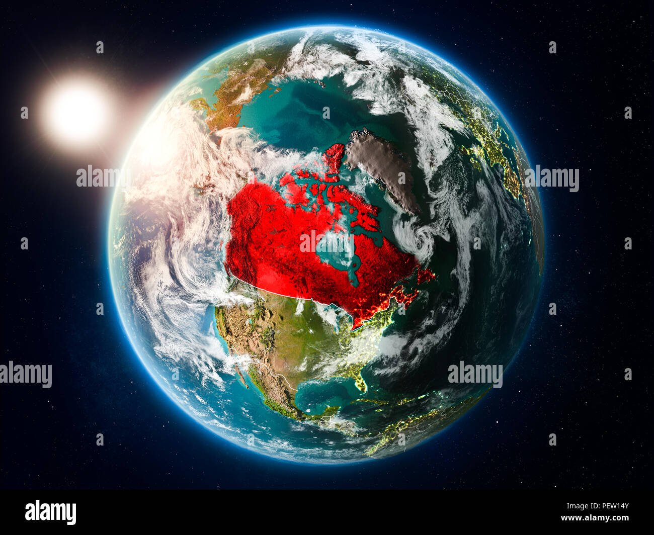Sunset above Canada highlighted in red on planet Earth with clouds and ...