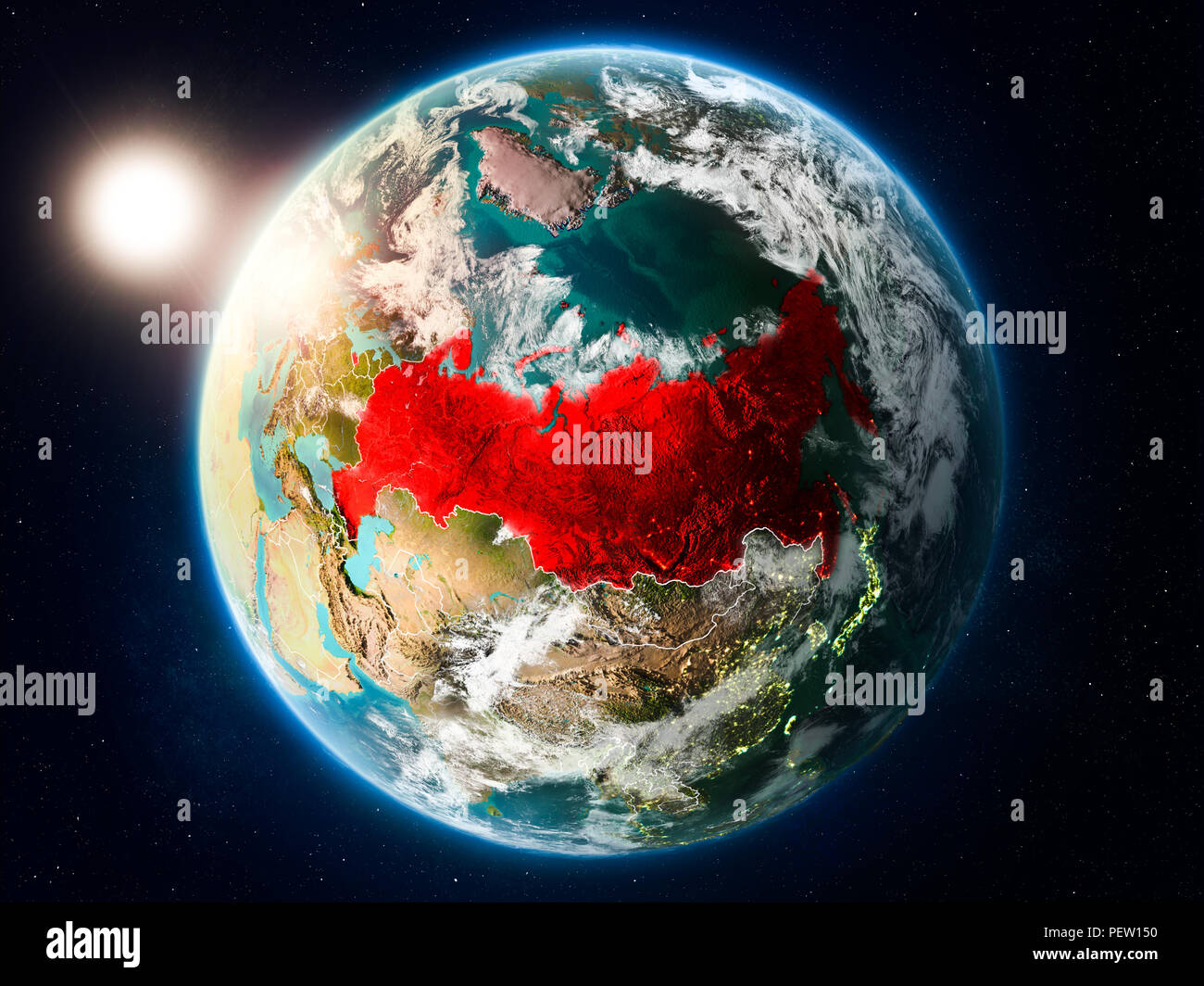 Sunset above Russia highlighted in red on planet Earth with clouds and ...