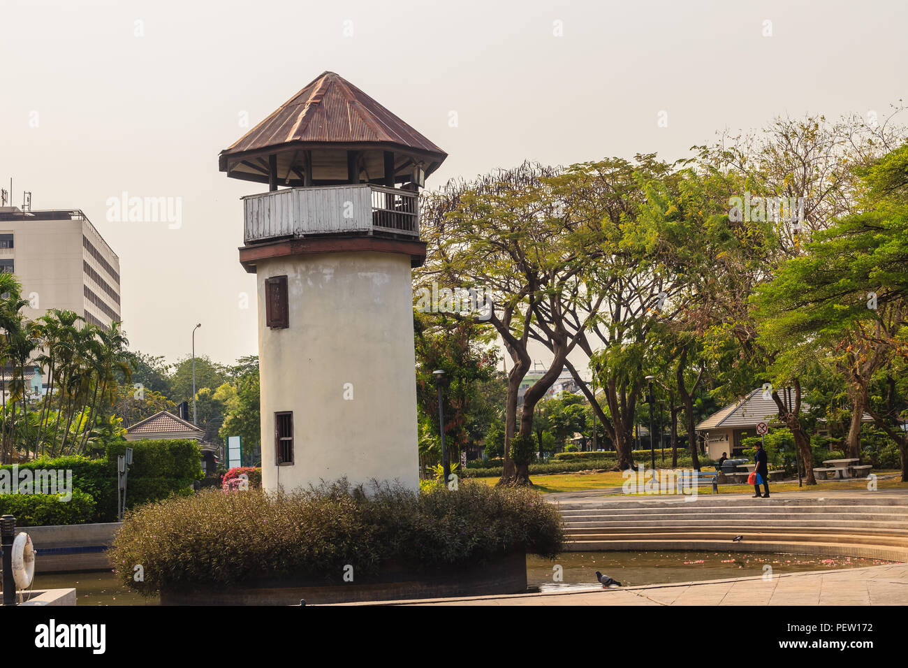 Old prison guard tower that constructed with brick, wood and red roof ...