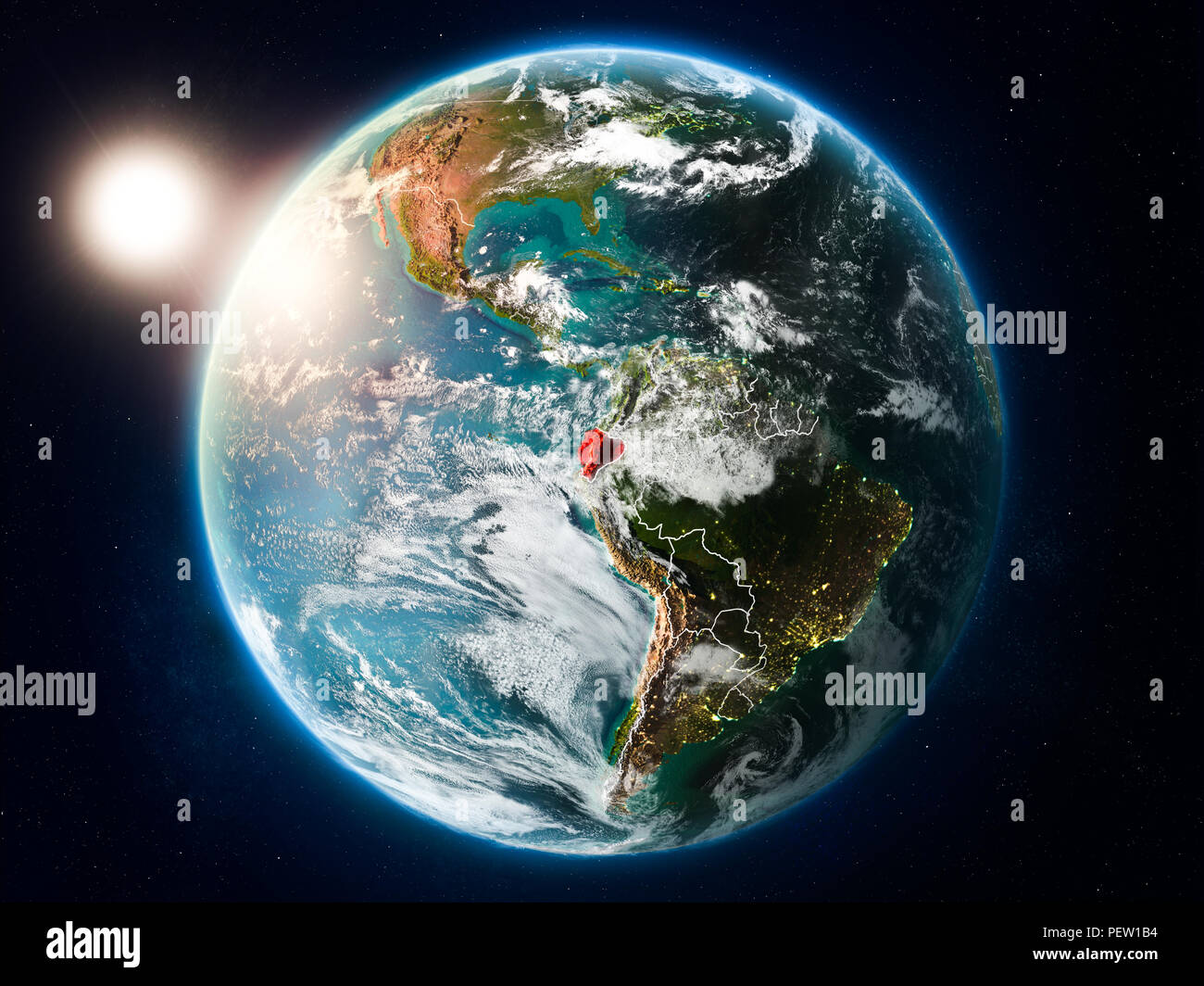 Sunset above Ecuador highlighted in red on planet Earth with clouds and visible country borders ...