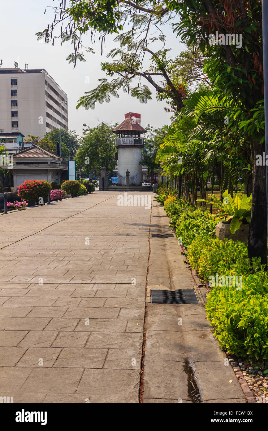Old prison guard tower that constructed with brick, wood and red roof ...