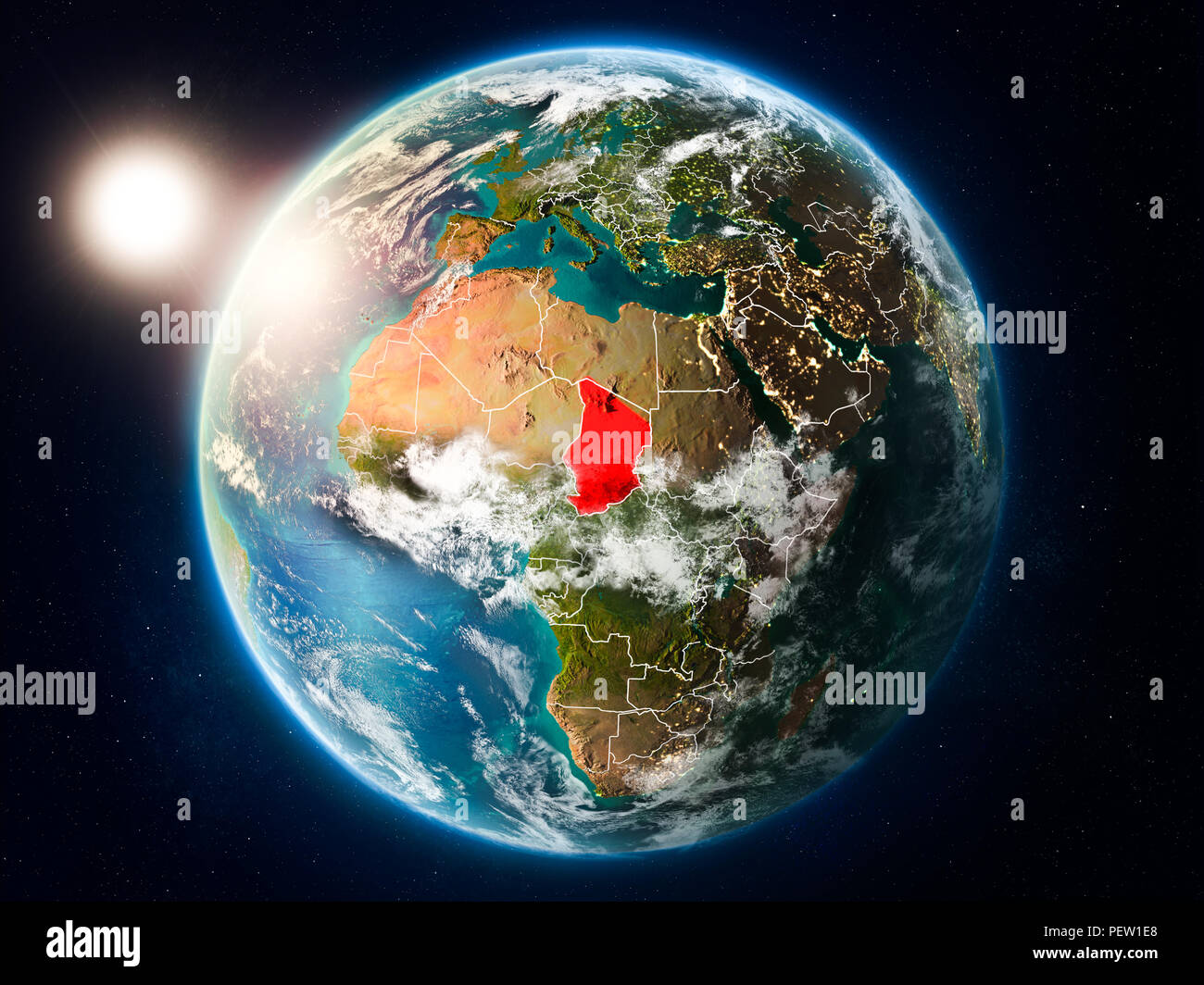 Sunset above Chad highlighted in red on planet Earth with clouds and ...