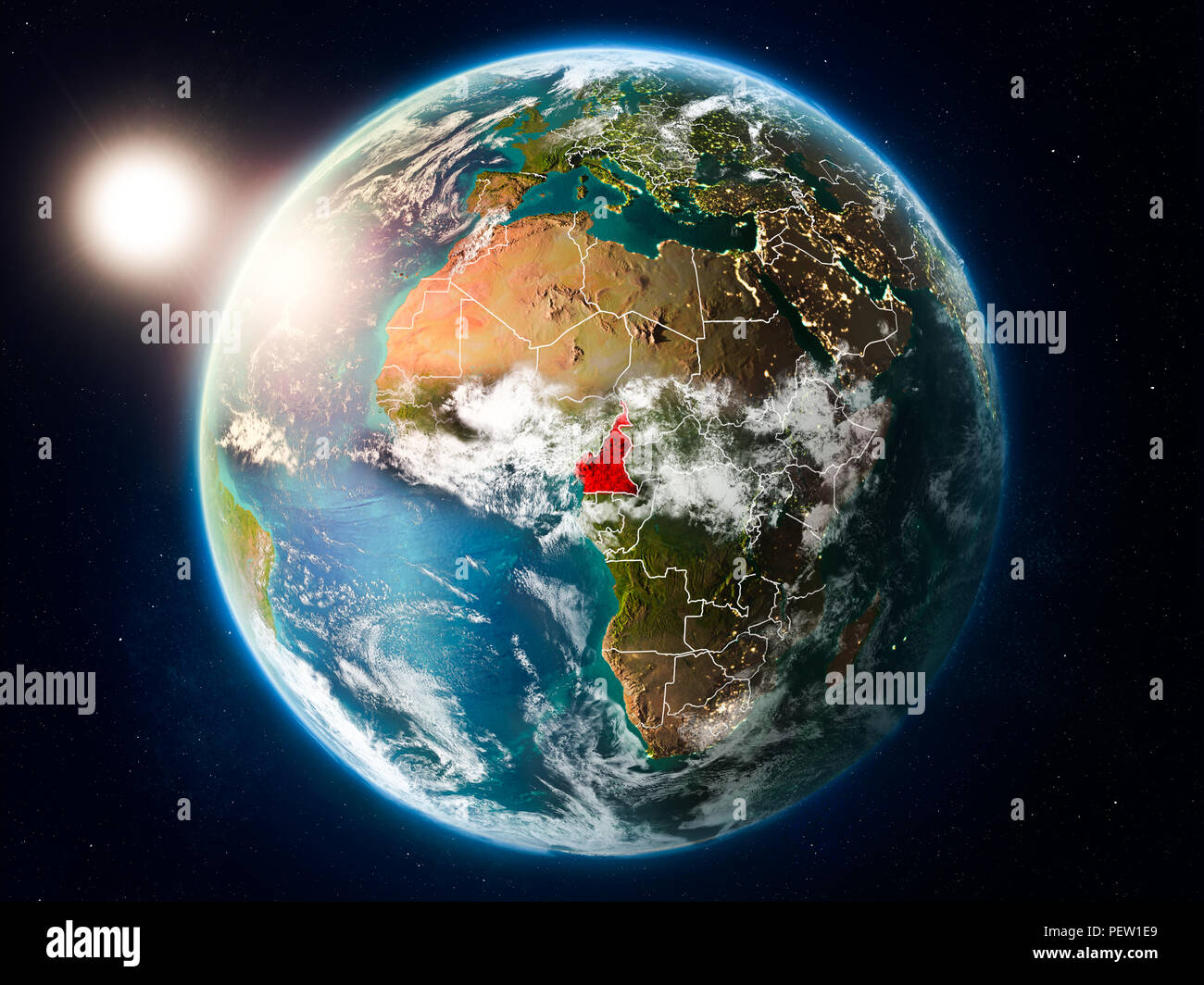 Sunset above Cameroon highlighted in red on planet Earth with clouds ...