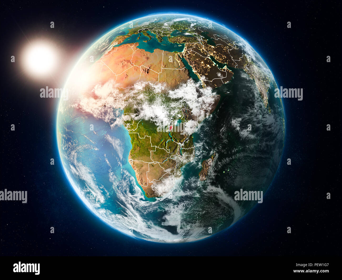 Sunset above Burundi highlighted in red on planet Earth with clouds and ...