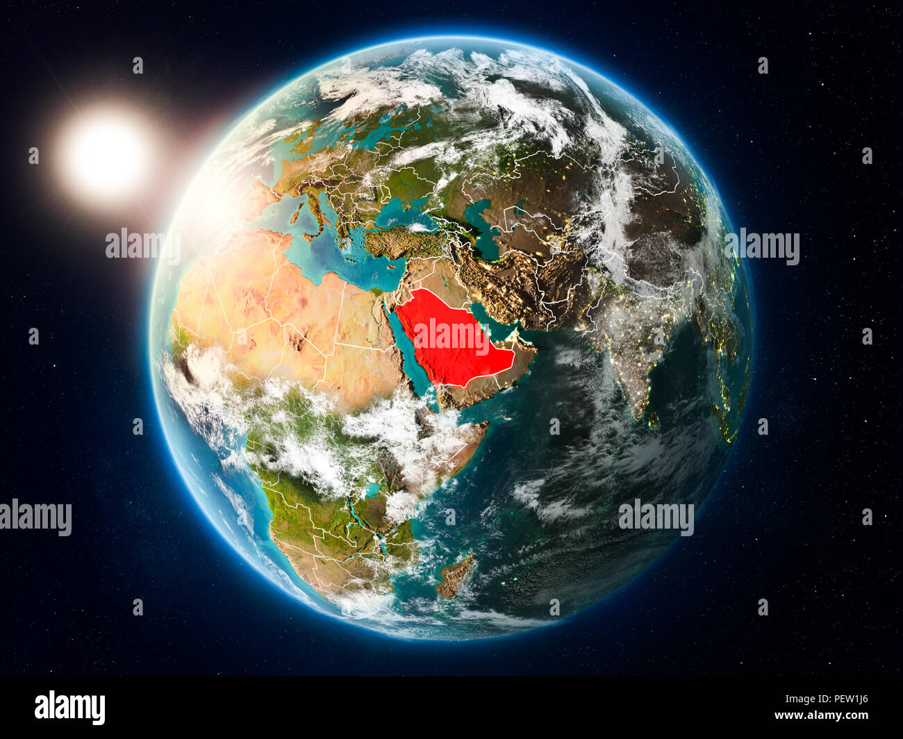 Sunset above Saudi Arabia highlighted in red on planet Earth with ...
