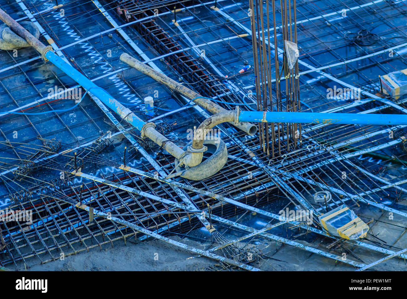 Cleaned floor slab reinforcement bar with post tension cable tendon on ...