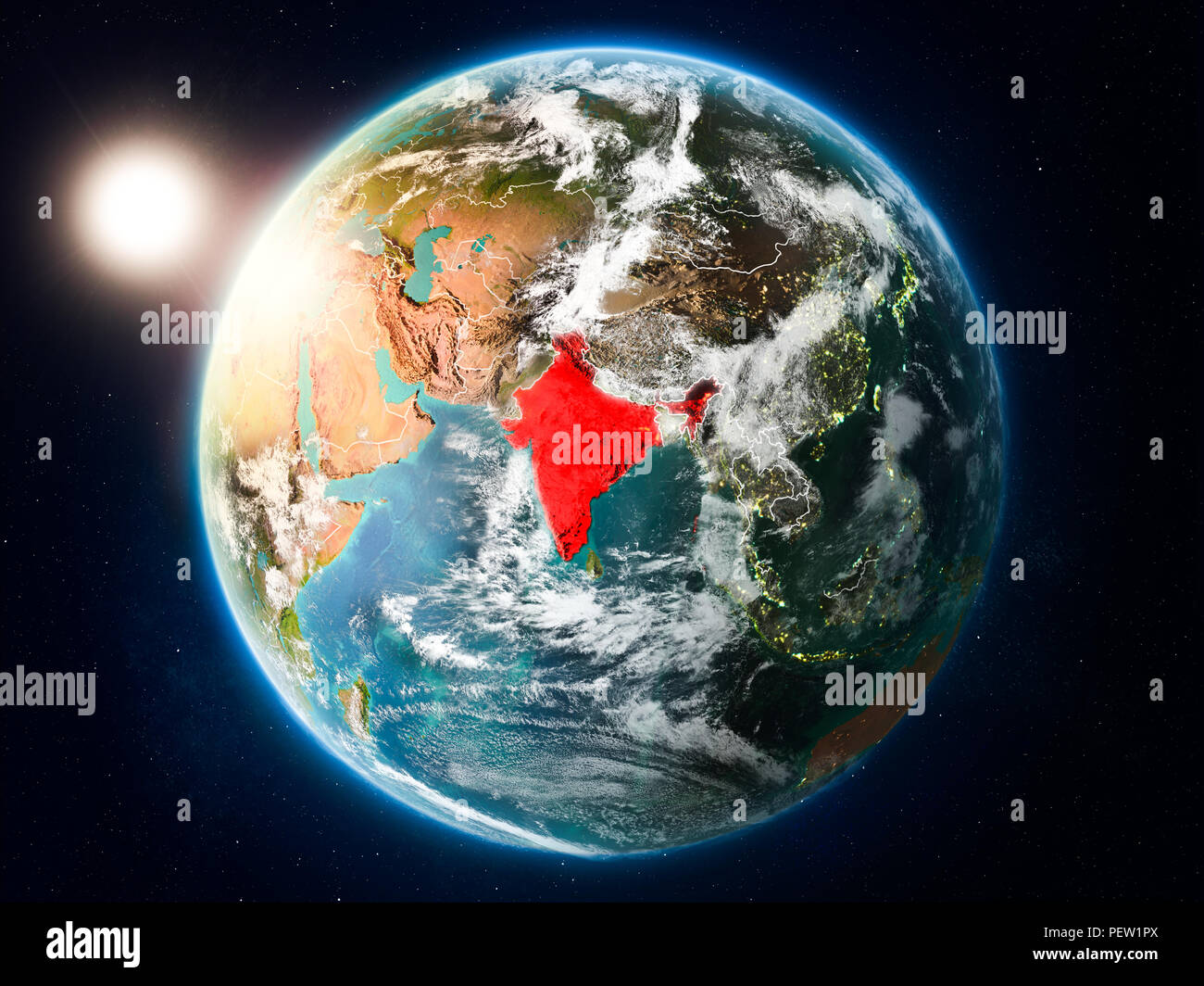 Sunset above India highlighted in red on planet Earth with clouds and ...