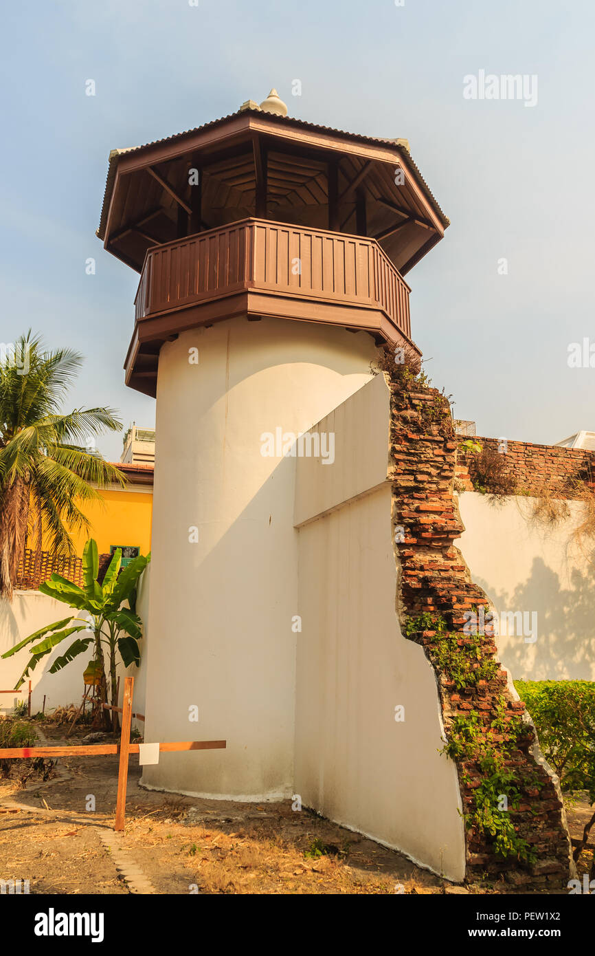 Old prison guard tower that constructed with brick, wood and red roof ...