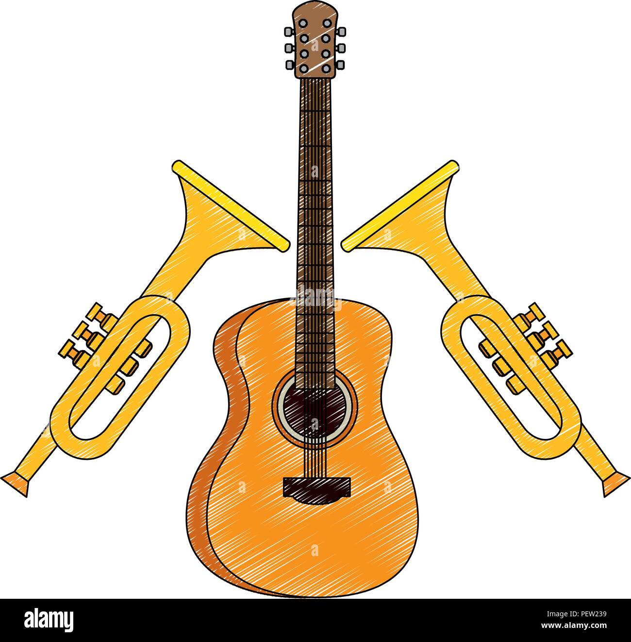 acoustic guitar and trumpets musical instrument vector illustration ...