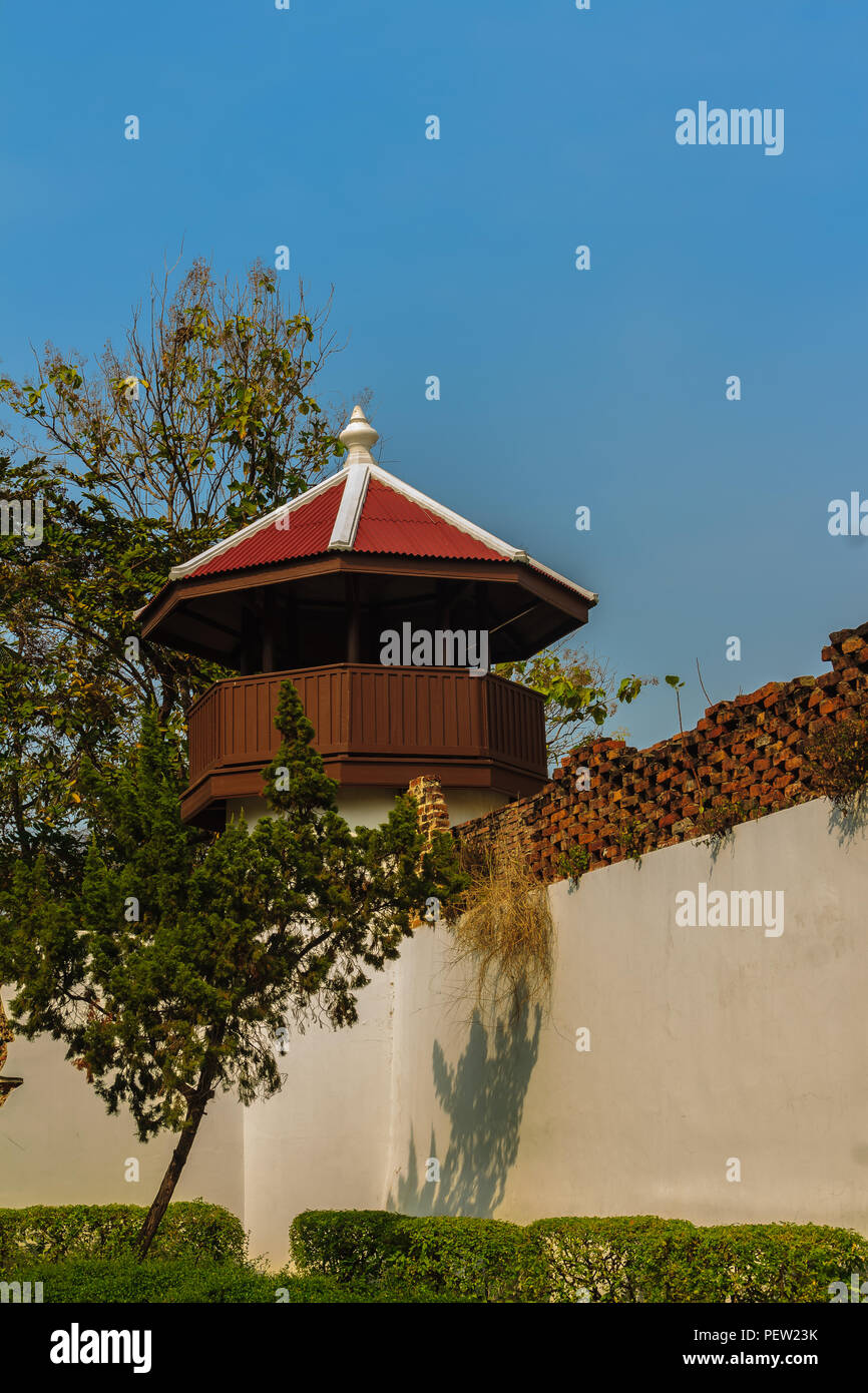 Old prison guard tower that constructed with brick, wood and red roof ...