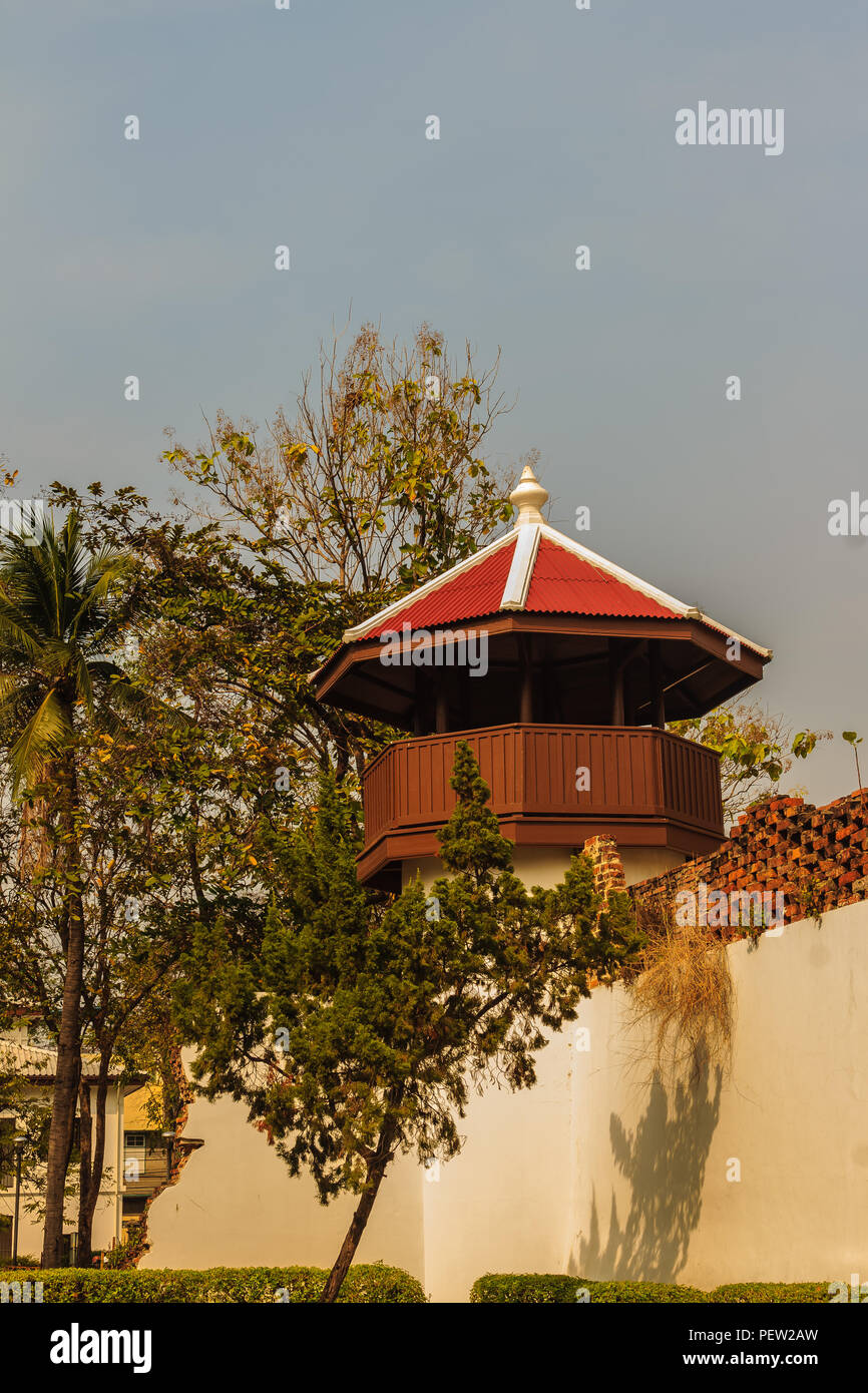 Old prison guard tower that constructed with brick, wood and red roof ...