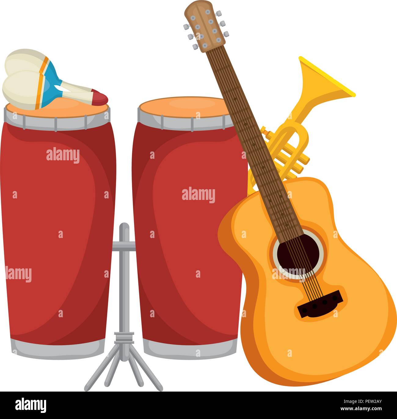 bongo drums with guitar and trumpet instruments vector illustration ...