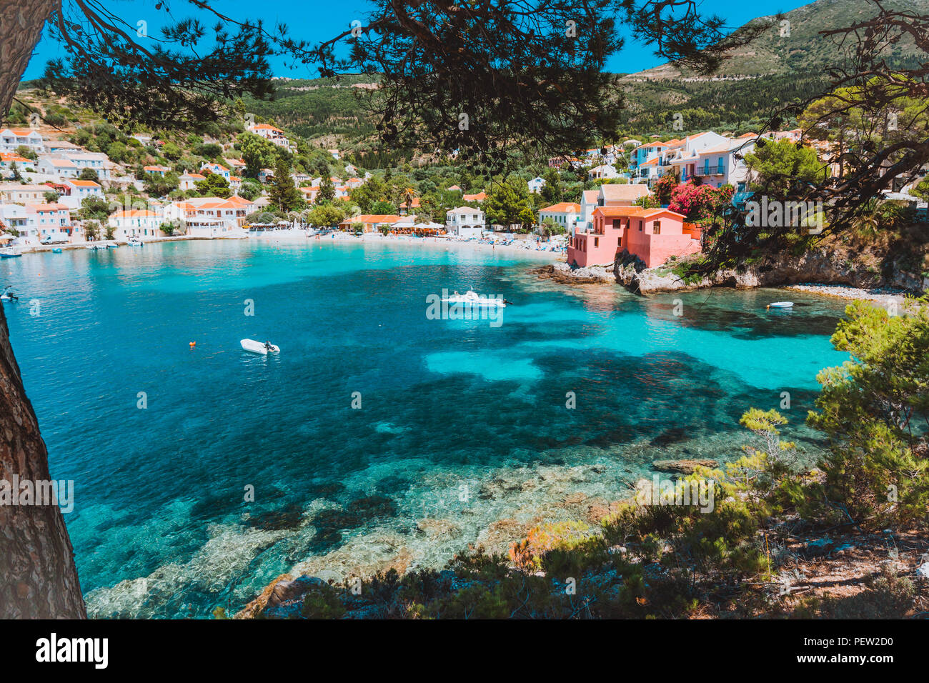 Assos village, Kefalonia, Greece. View on tourquise transparent water ...