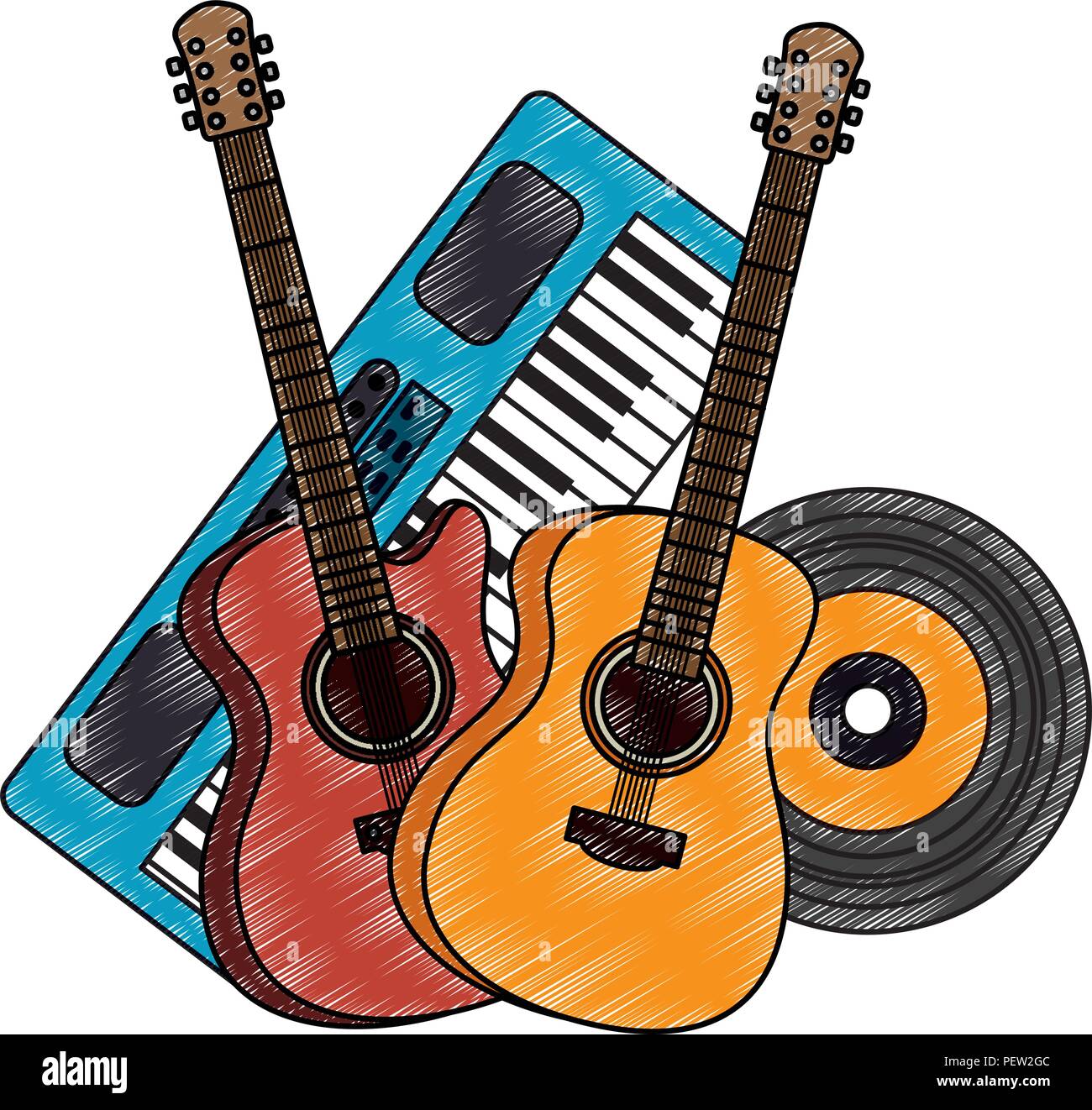 synthesizer with guitars and vinyl musical instruments vector ...
