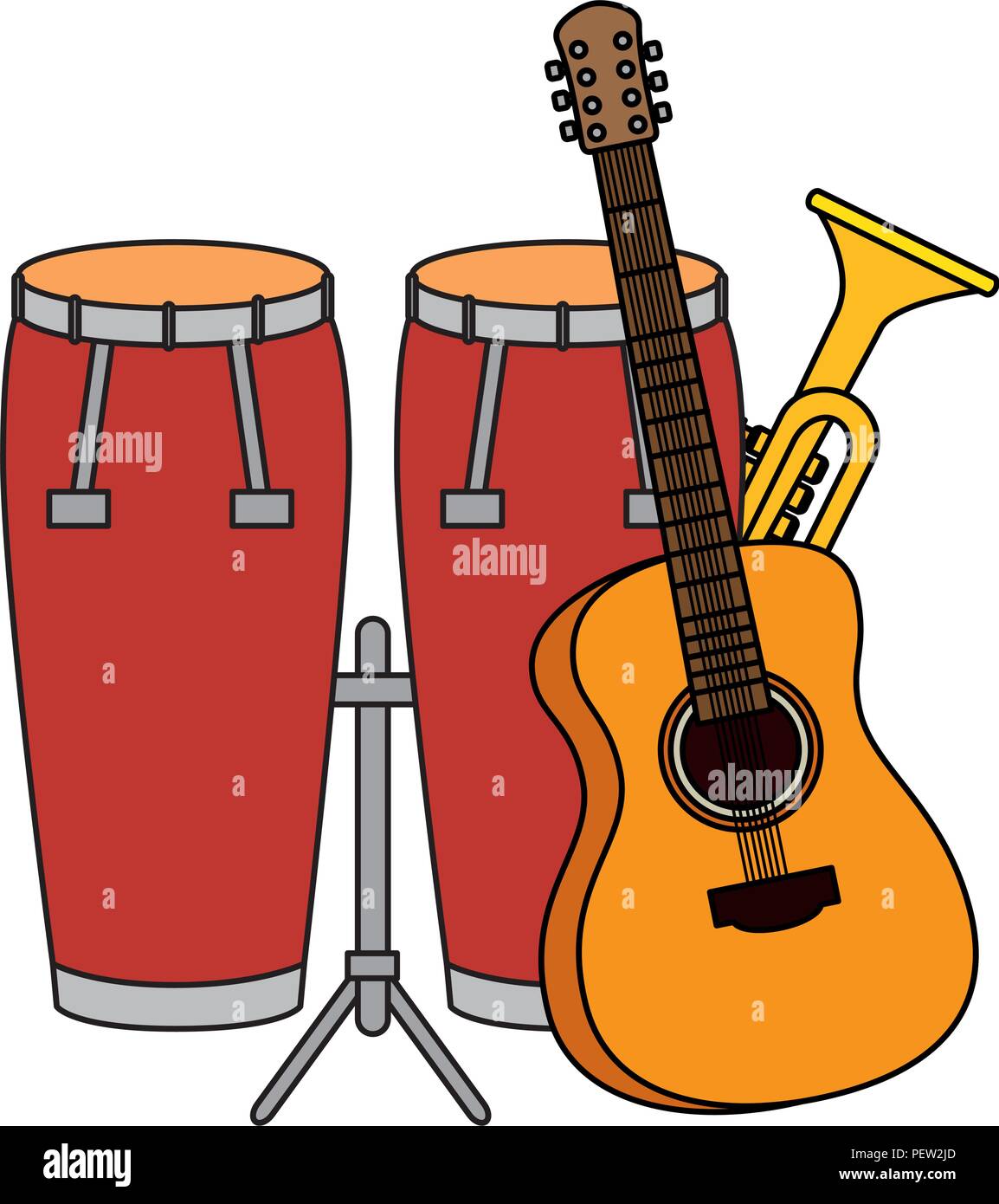 bongo drums with guitar and trumpet instruments vector illustration ...