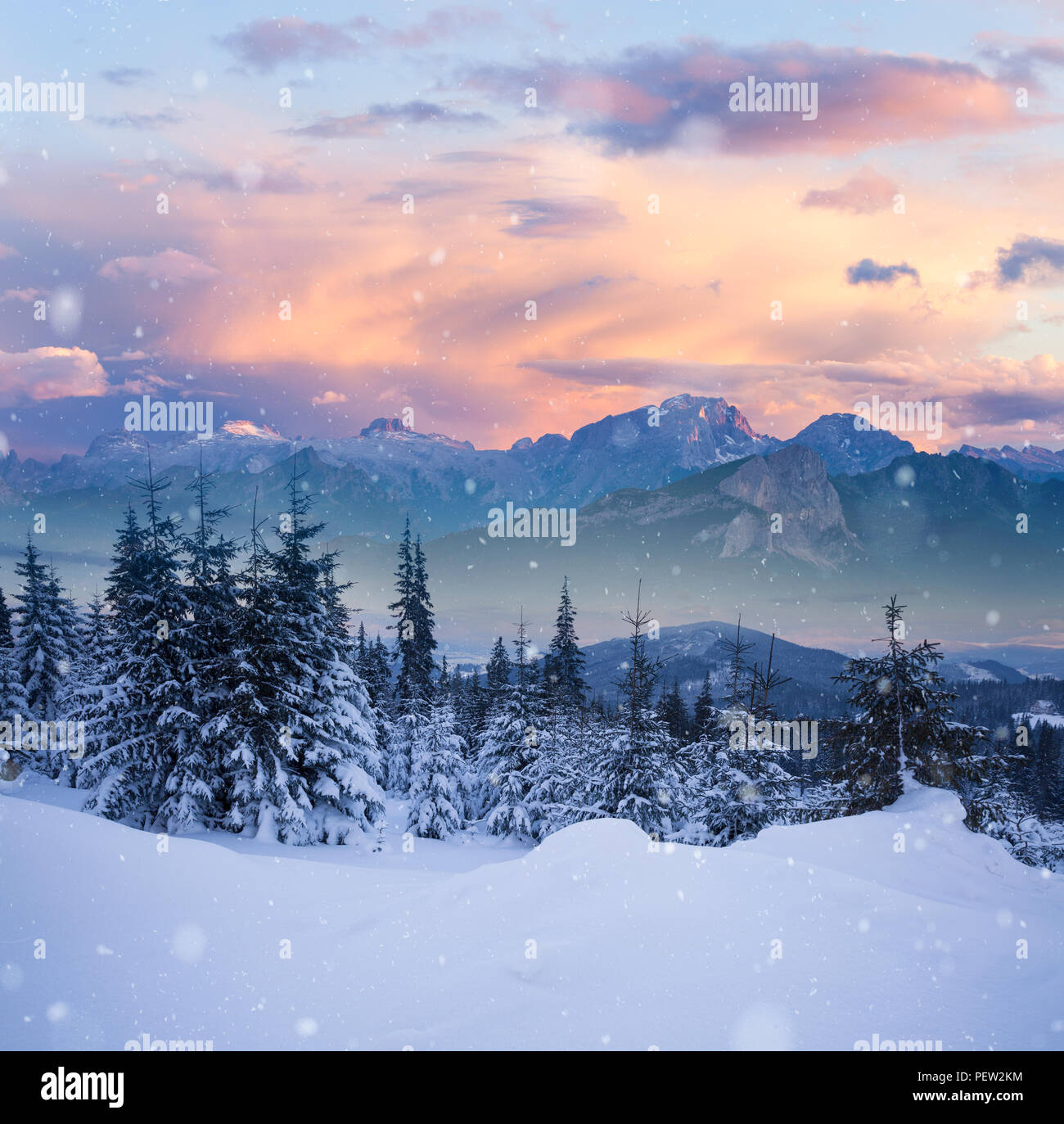 Beautiful winter alpine mountain snowy hills. High mountain landscape ...