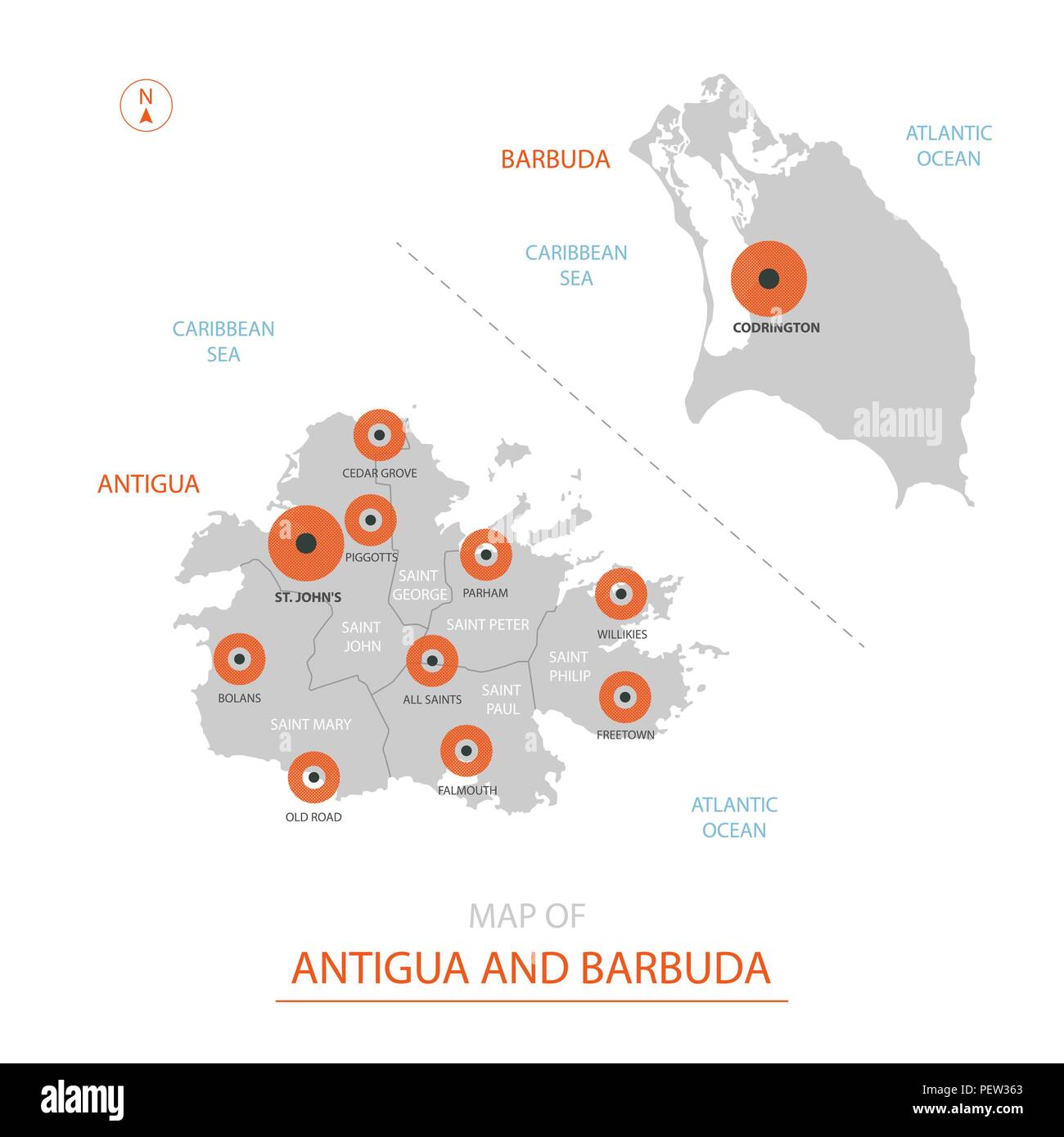 Stylized vector Antigua and Barbuda map showing big cities, capital St. John's, administrative ...