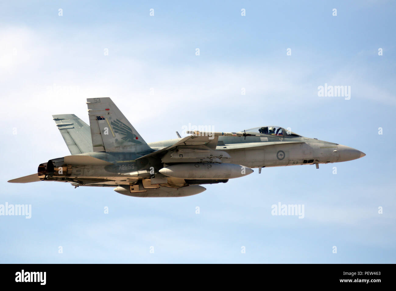 A Royal Australian Air Force No 75 Squadron F/A-18A Hornet departs on a ...