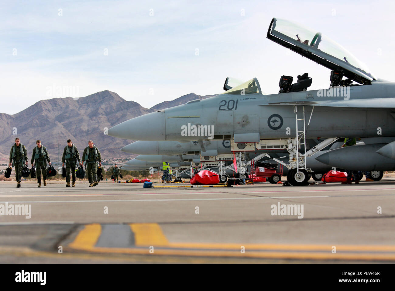 Royal Australian Air Force No 1 Squadron F/A-18F aircrew depart the ...