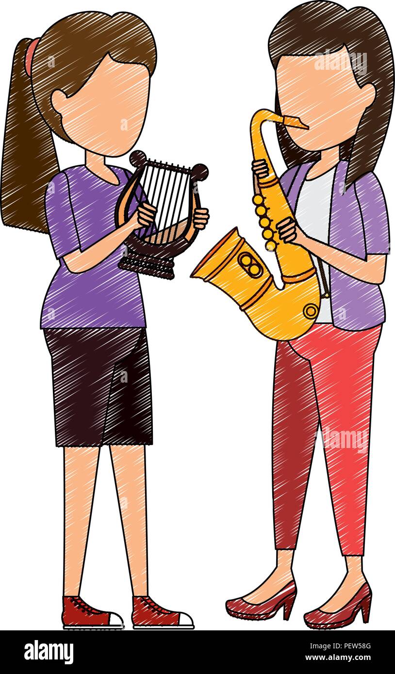 women playing harp and saxophone characters Stock Vector Image & Art ...