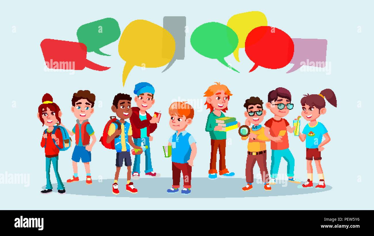 Group Of Pupils Vector. School. Mix Race. Chat Bubbles. Communication ...