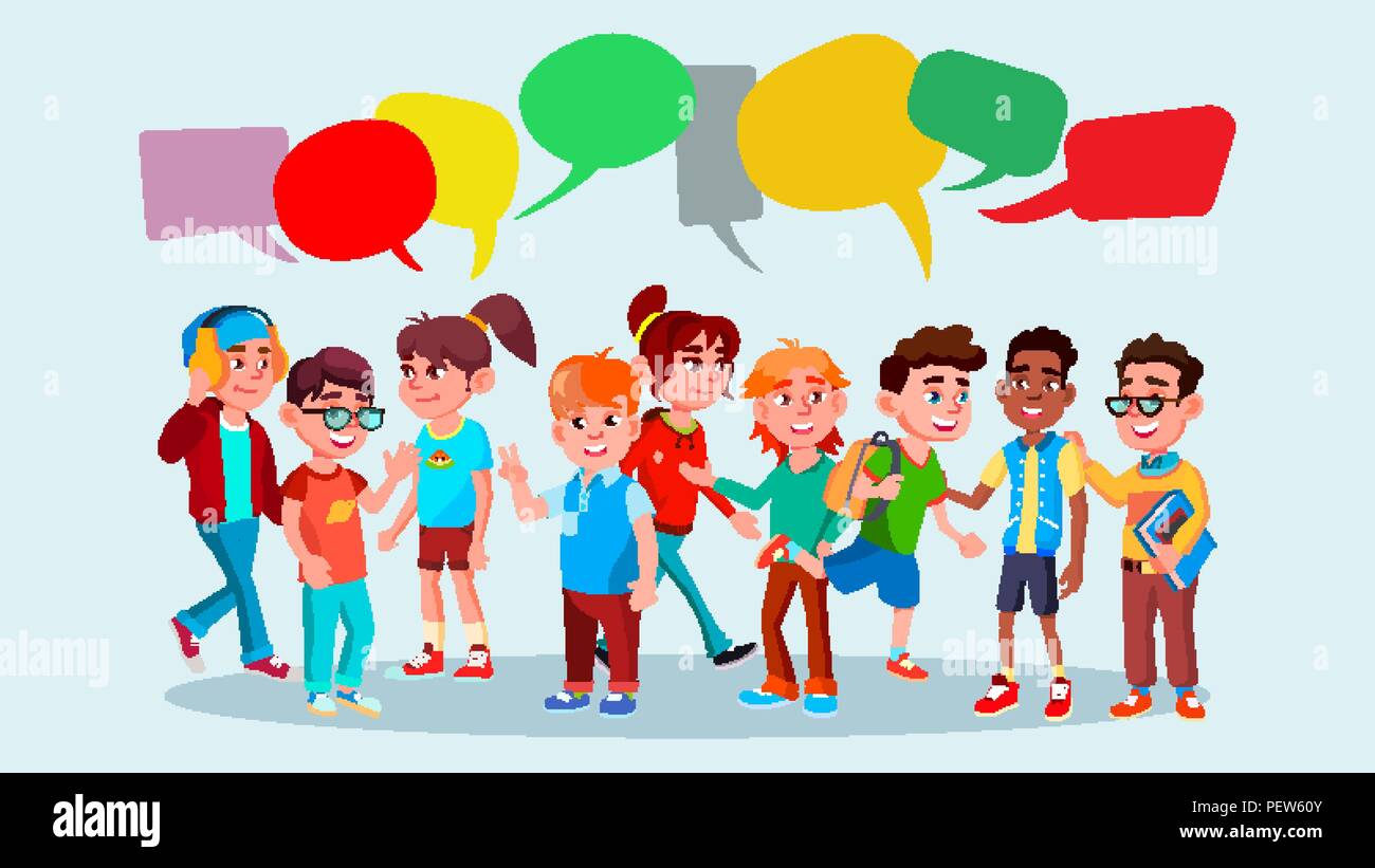Group Of Pupils Vector. School. Mix Race. Chat Bubbles. Communication ...