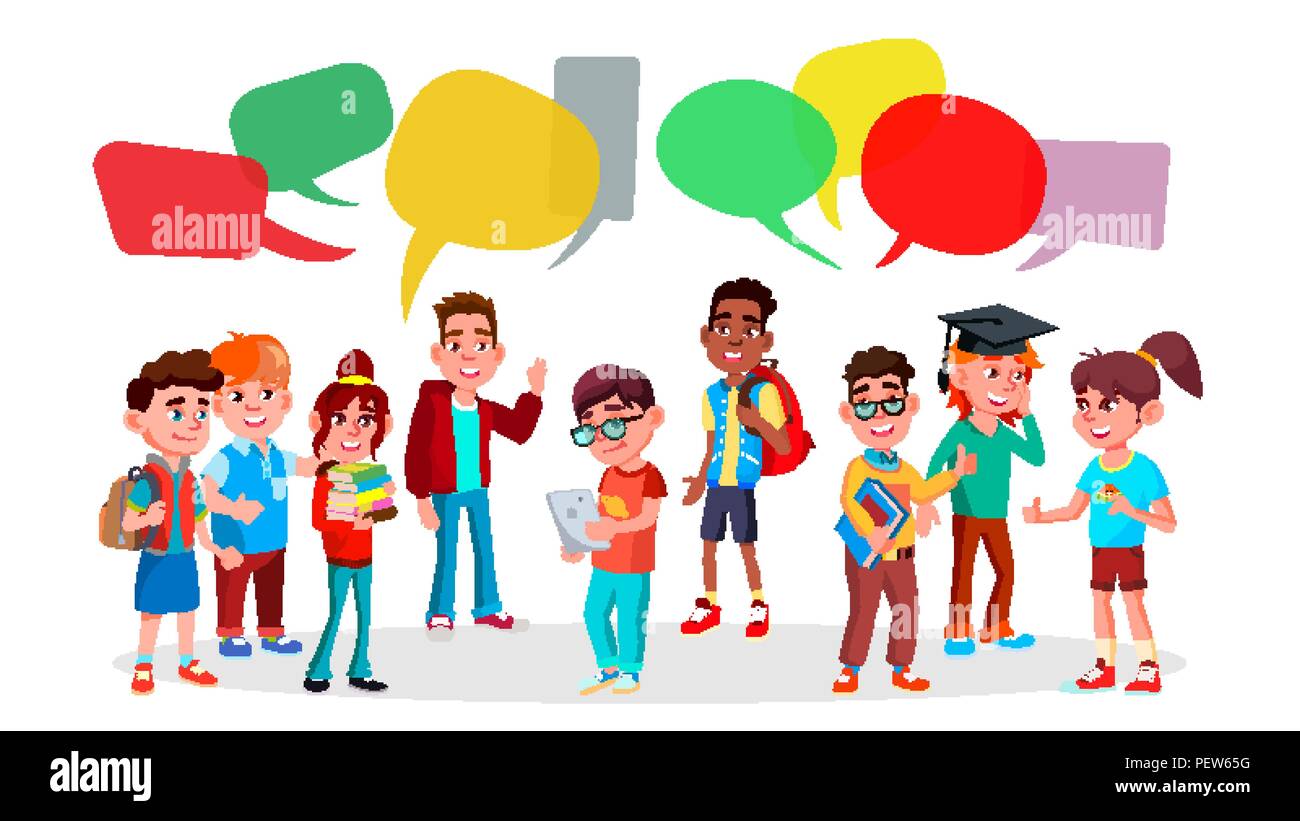 Group Of Pupils Vector. School. Social Network. Mix Race. Chat Bubbles ...