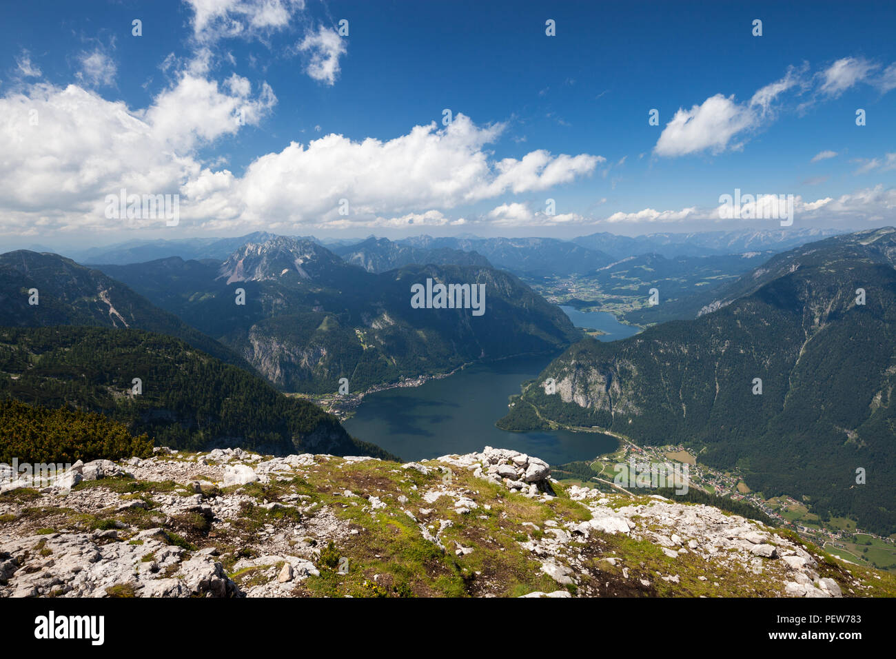 Panoramic aerial view of Hallstatt lake and Alp mountain from high ...