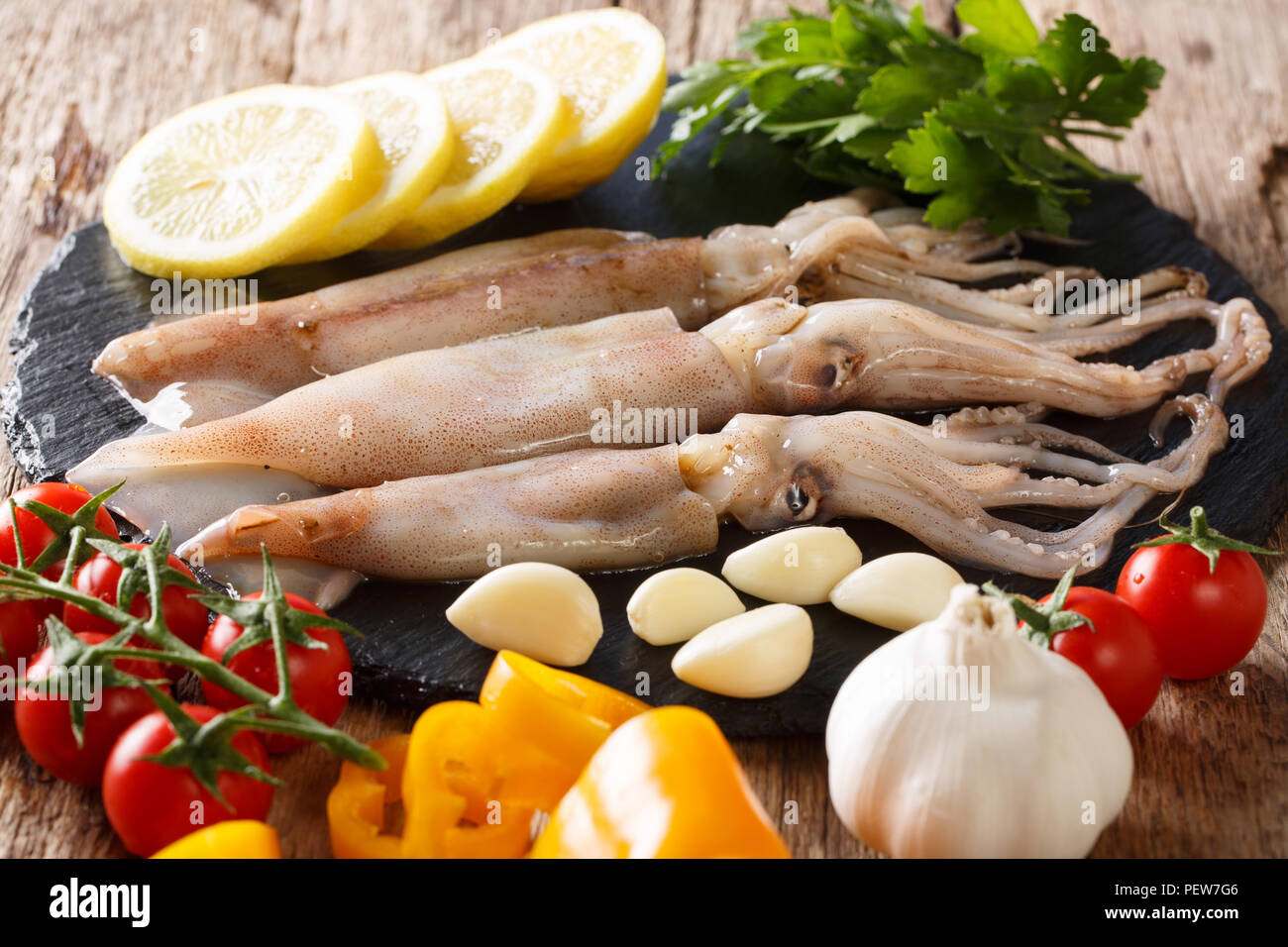 Fresh raw squid with tentacles closeup and vegetable ingredients on the ...