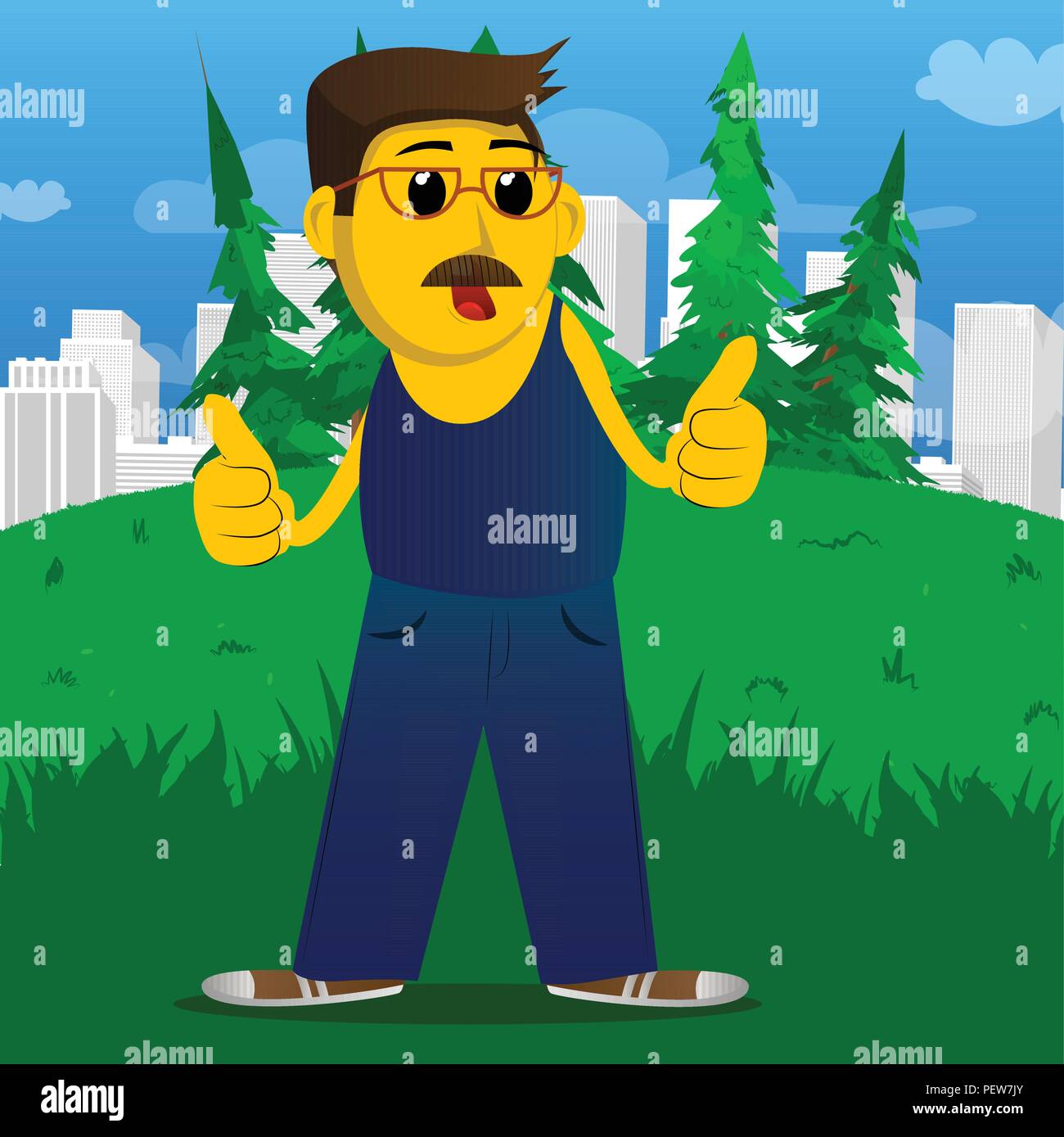 Yellow Man Making Thumbs Up Sign With Two Hands Vector Cartoon