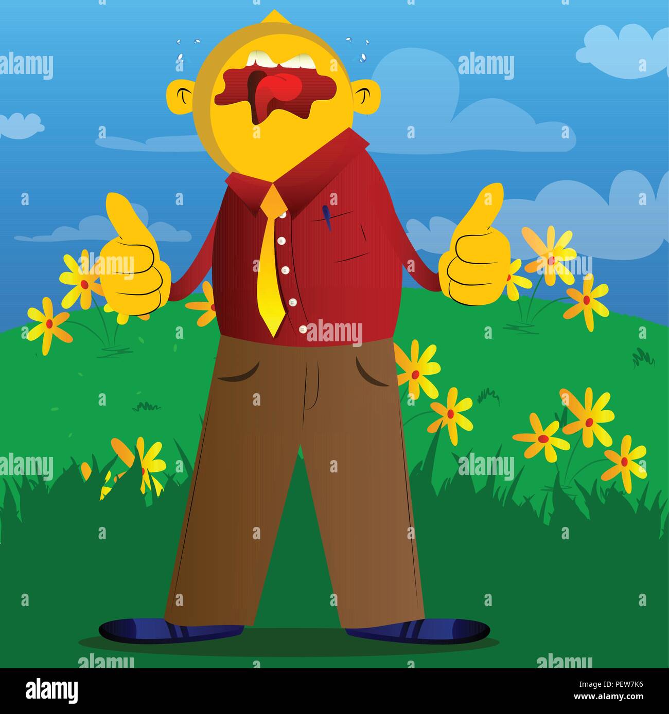 Yellow Man Making Thumbs Up Sign With Two Hands Vector Cartoon