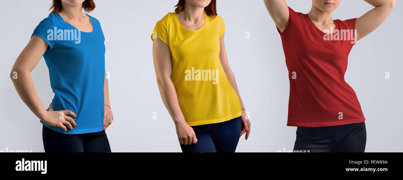 Clothes mockup Set with fit female model in the color t-shirt isolated ...