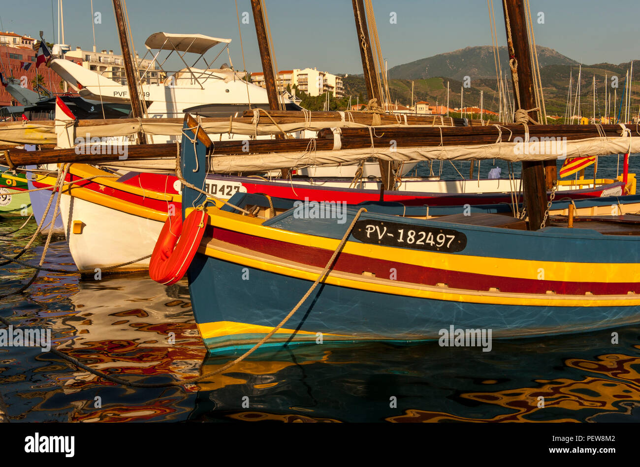 Traditional Catalan fishing boats in the port of Banyuls, France Stock ...