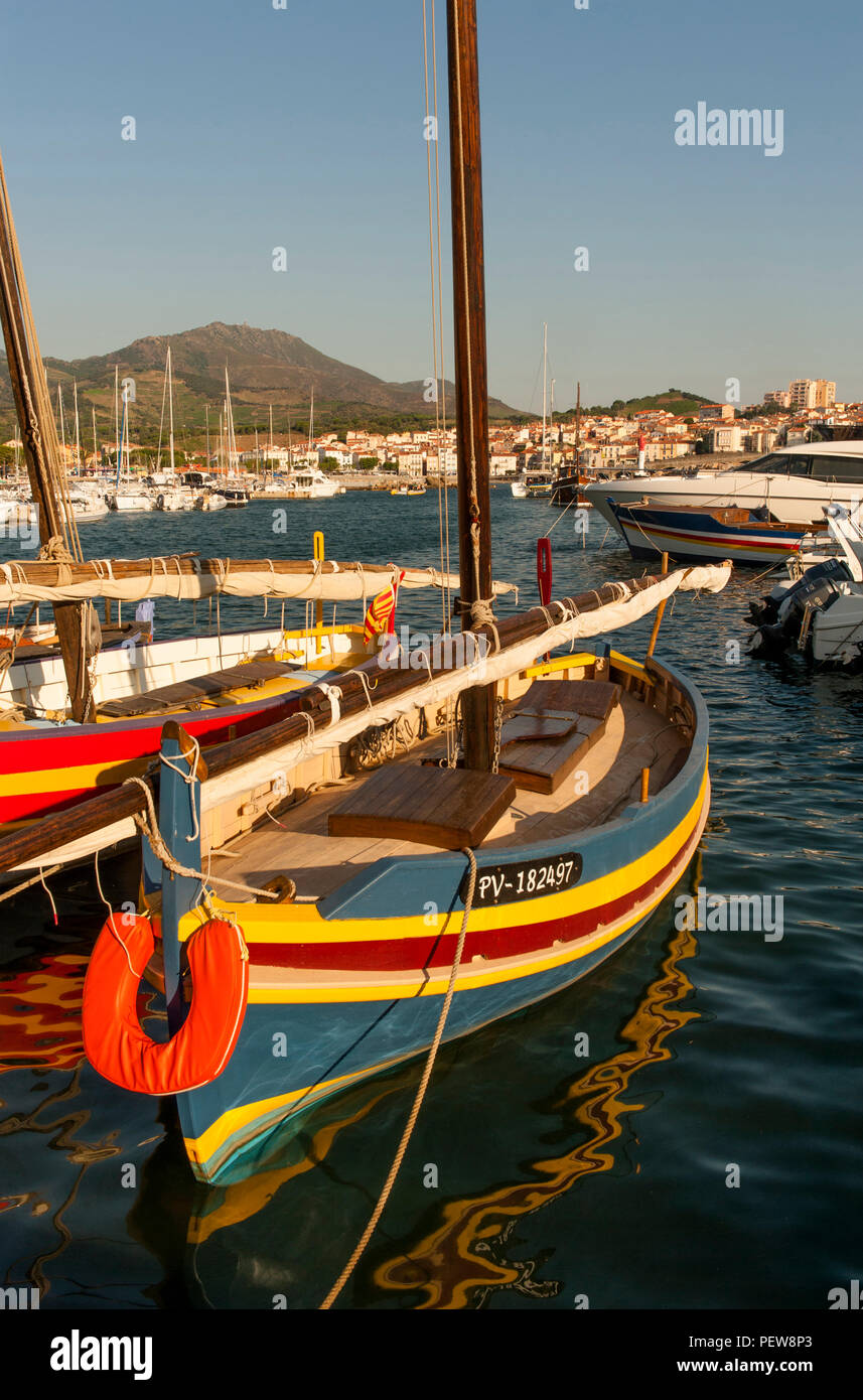 Traditional Catalan fishing boats in the port of Banyuls, France Stock ...