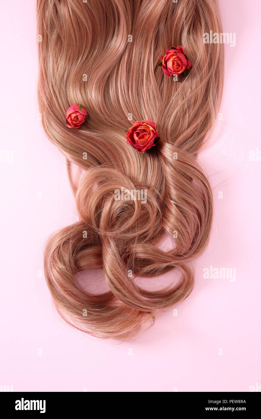 Long colorful hair with objects related to hair salon on close up ...