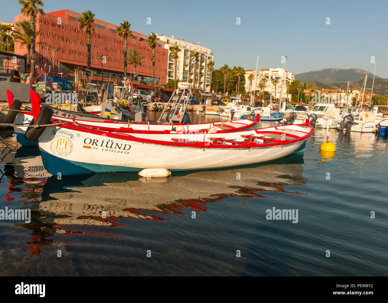 Traditional Catalan fishing boats in the port of Banyuls, France Stock ...