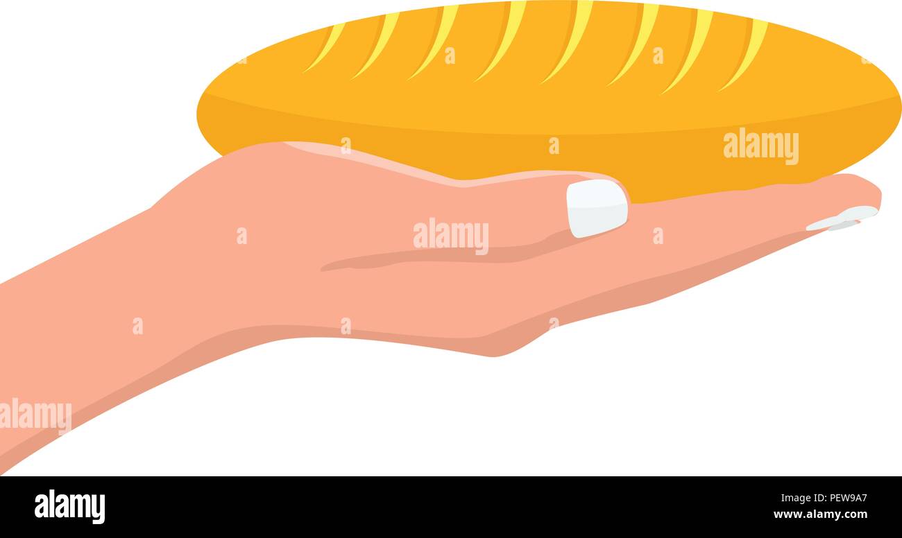 Hand holding fresh bread. Vector illustration with flat color style ...