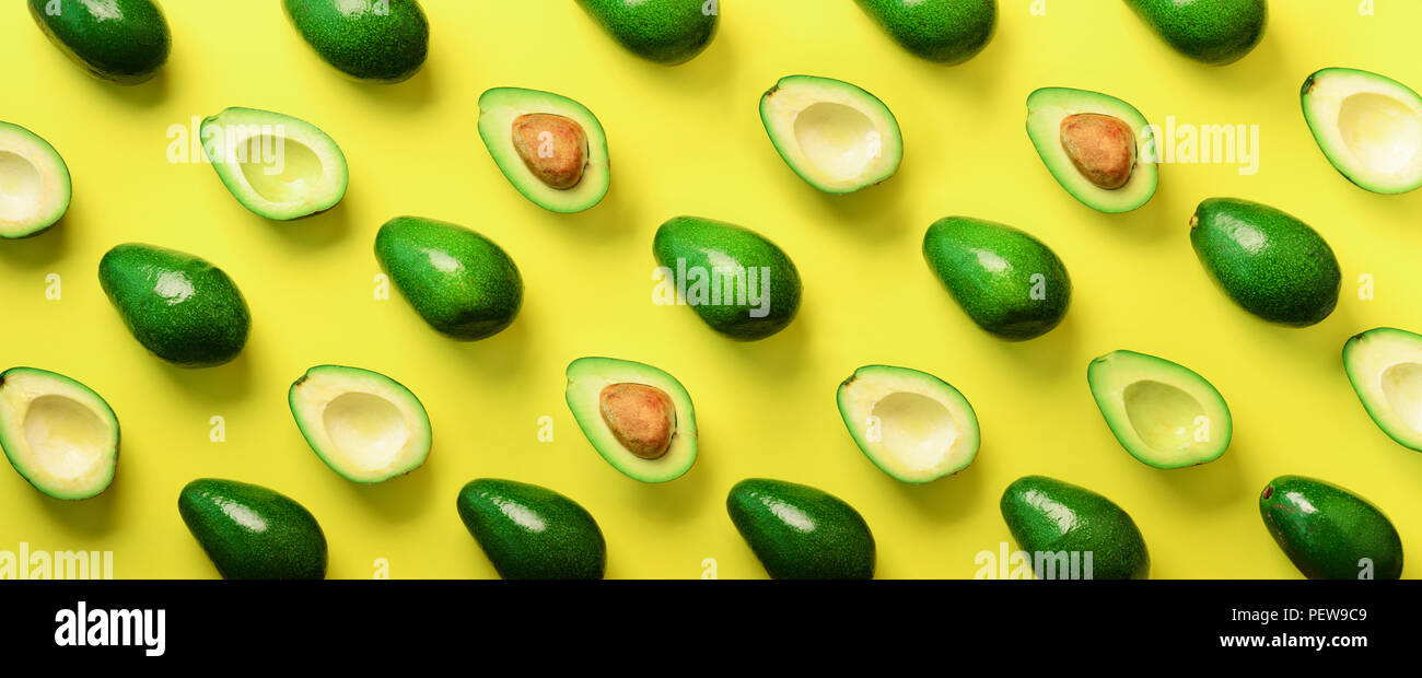 Avocado pattern on yellow background. Top view. Banner. Pop art design ...