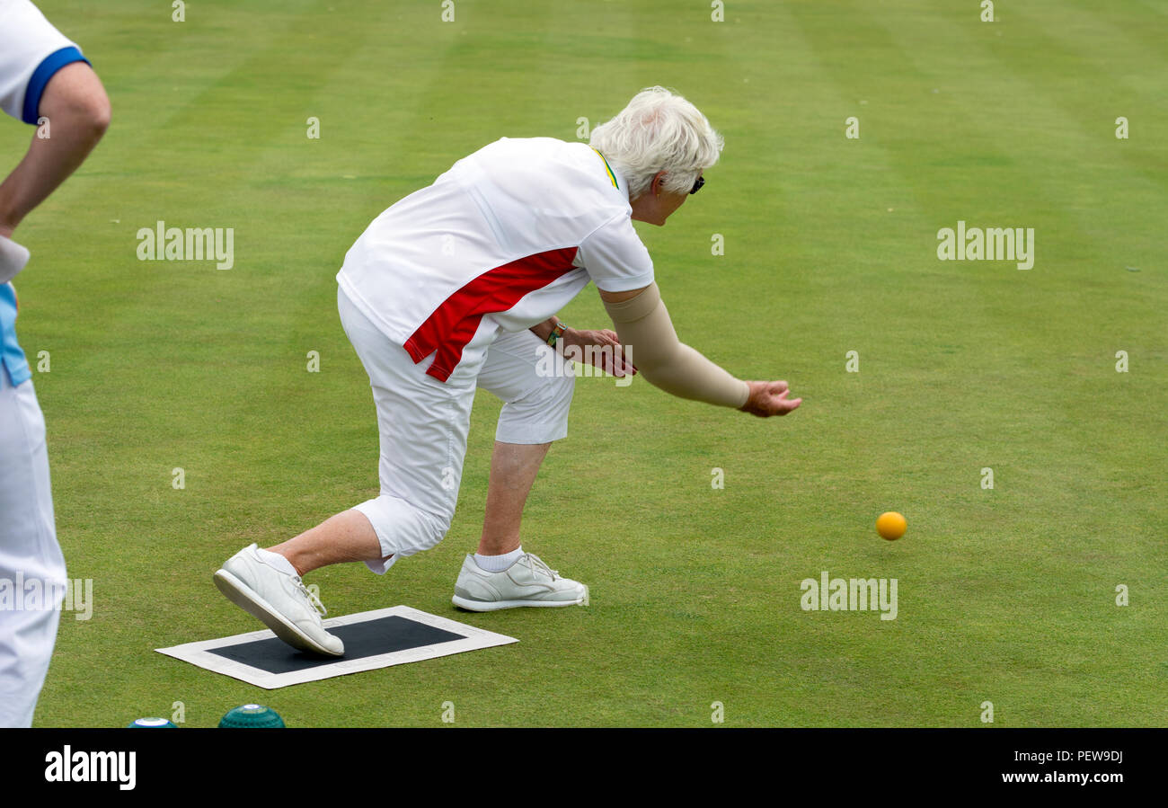 A player bowling the jack at the national women`s lawn bowls ...