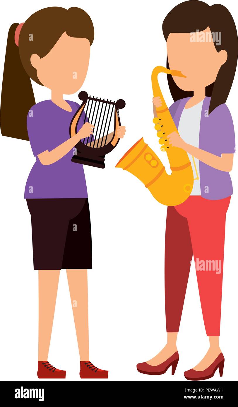 women playing harp and saxophone characters Stock Vector Image & Art ...